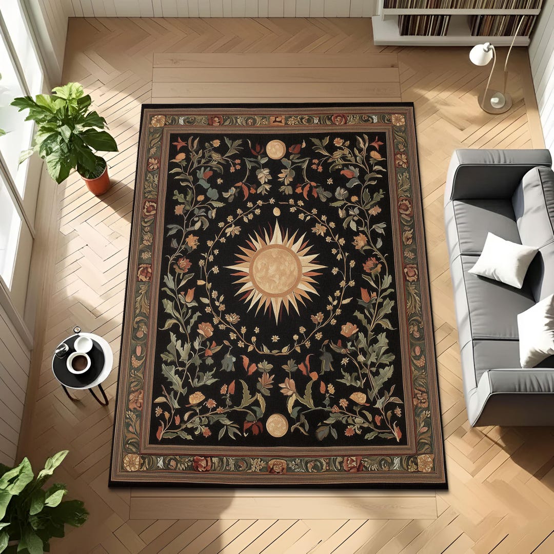 Mystic Sun Wheel Floral Rug, Sun Moon Mandala Botanical Rug, Celestial ...