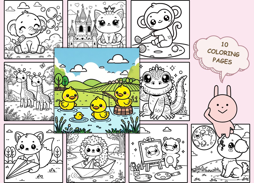 Relaxing Coloring Pages, 10 Cute Animal Illustrations, Digital Coloring ...