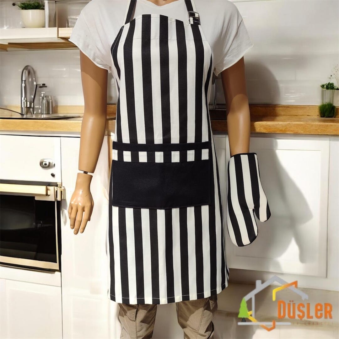 Black and White Striped Adjustable Strap Kitchen Apron and Oven Mitt ...