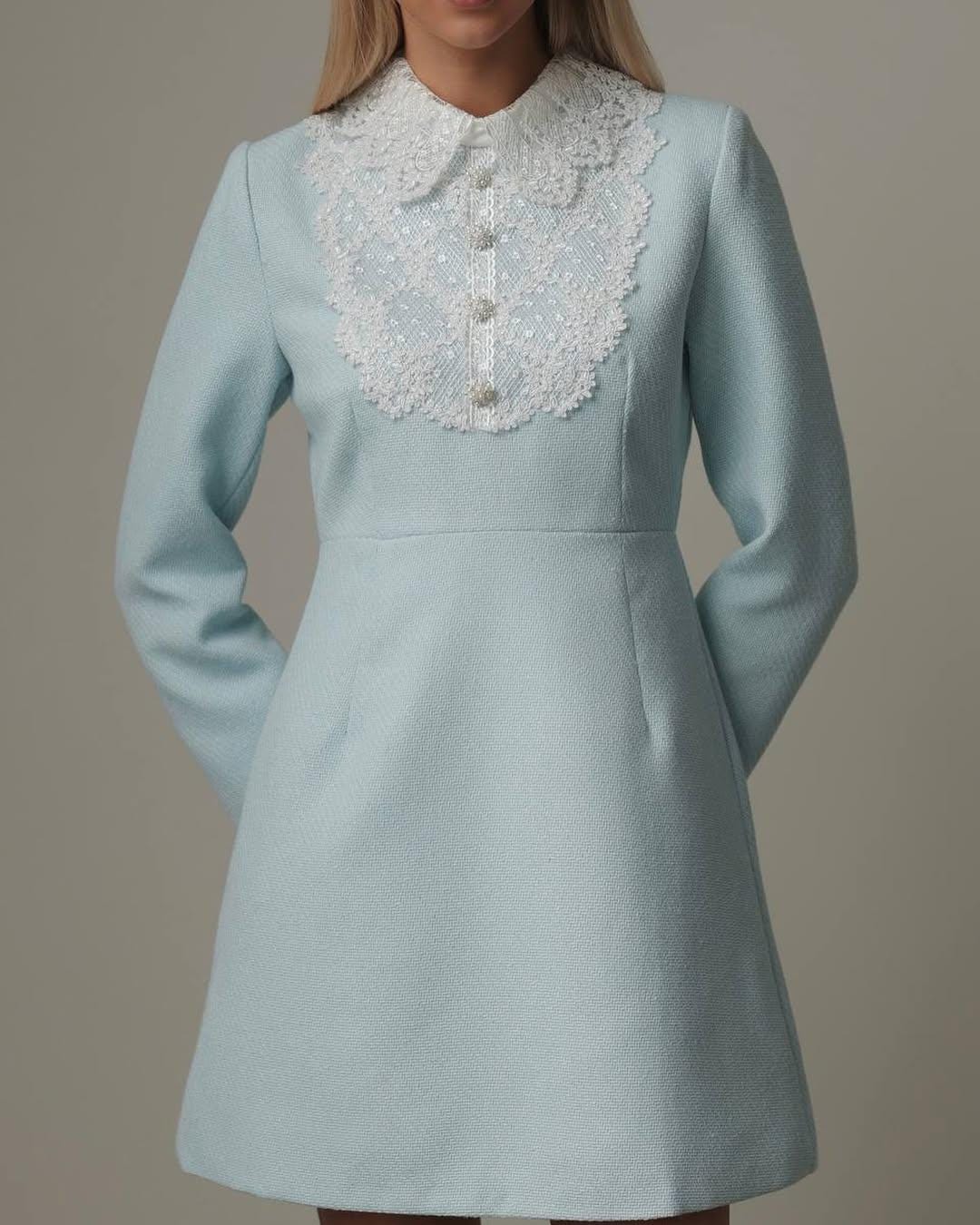 Baby Blue Lace Collar Mini Dress – Long Sleeve Fit and Flare, Pearl ...