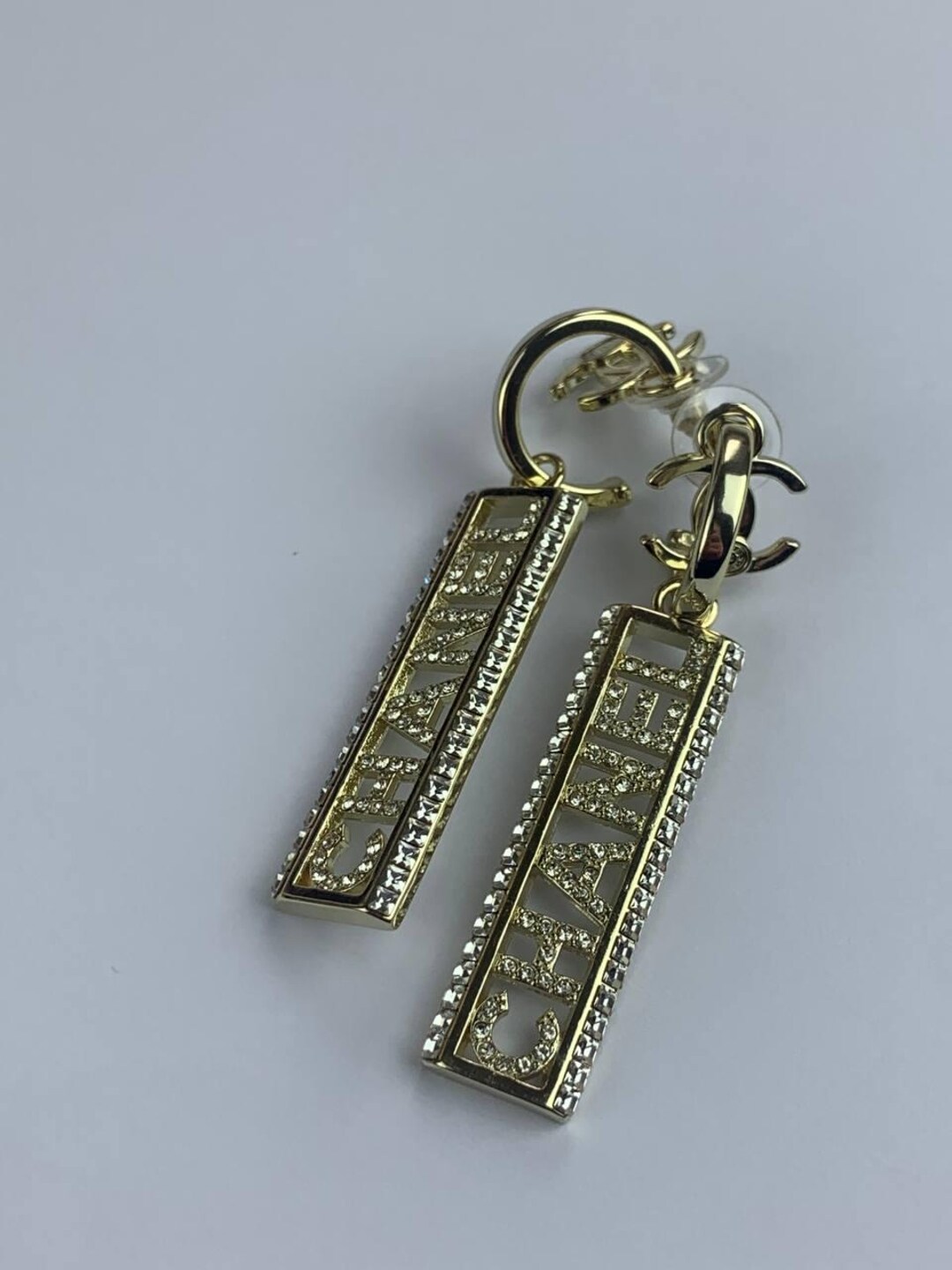 Chanel Gold Rhinestone logo Lettering CC Charm Dangle Earrings - Etsy