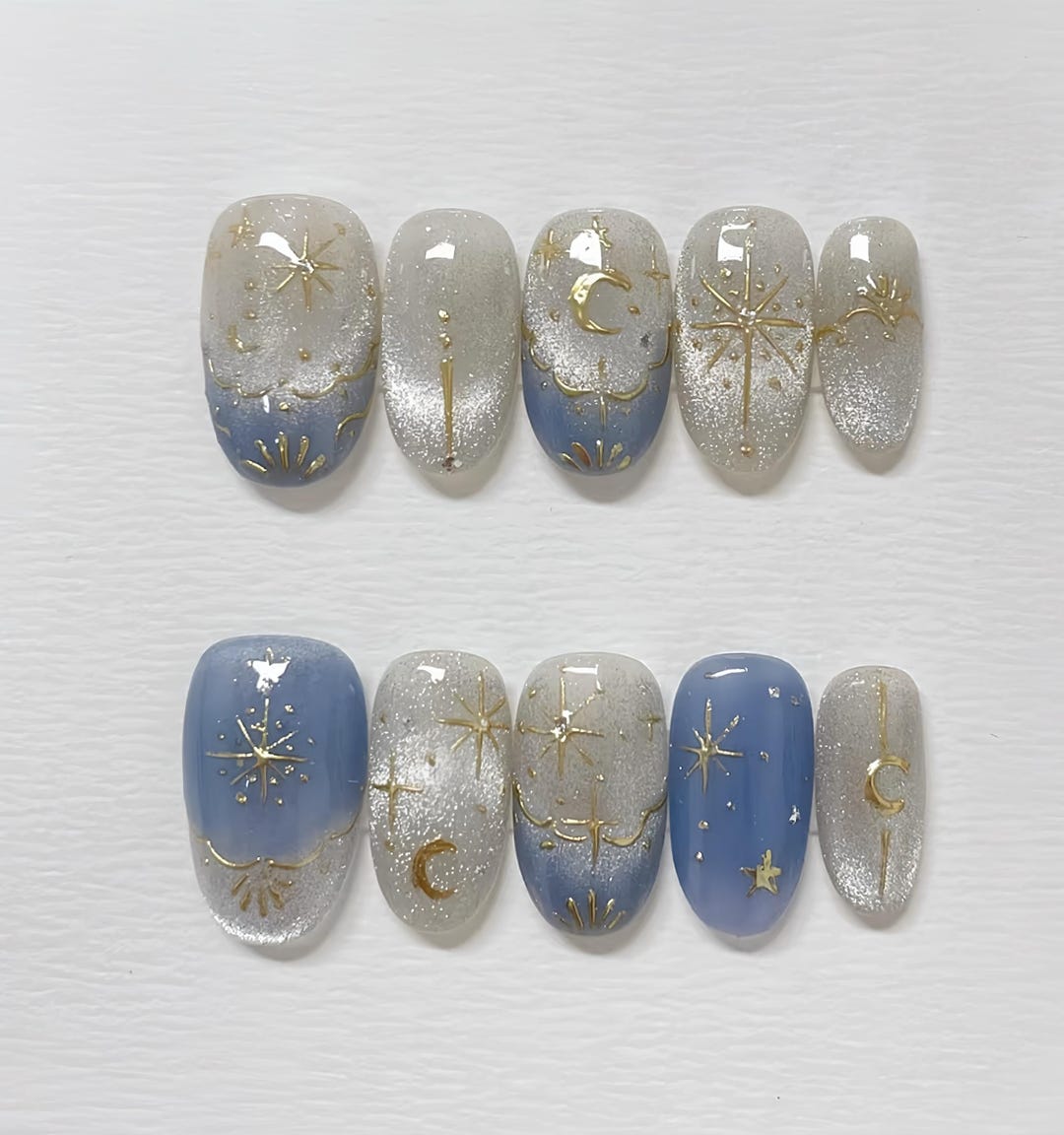Handmade Glitter Blue Star Cat Eye Press on Nails - Etsy