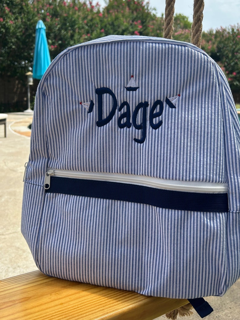 Personalized Navy Seersucker Backpack: Embroidered Sailboat Design - Etsy