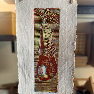 Birdhouse #3 Red/ Blue/ Yellow Block Print on Hand Made Paper. - Etsy