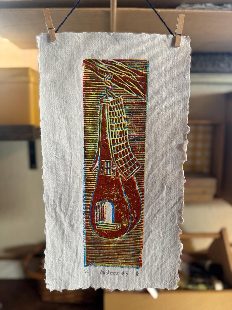 Birdhouse #3 Red/ Blue/ Yellow Block Print on Hand Made Paper. - Etsy