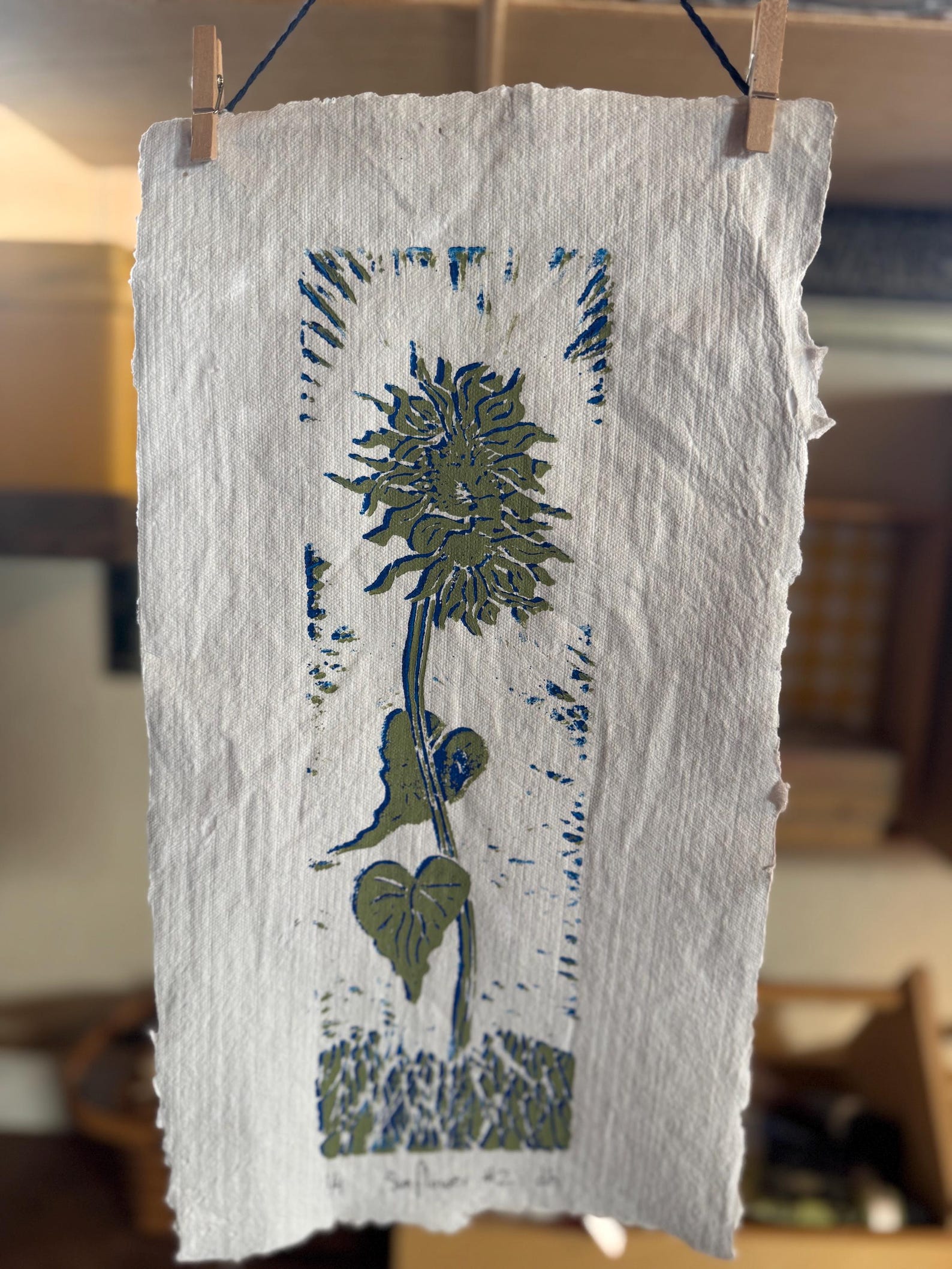 Sunflower #2 Block Print. Leaf Green on Bluestone on Handmade Paper - Etsy
