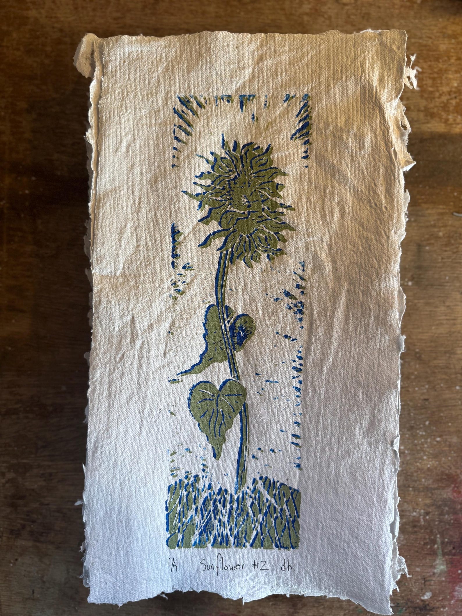 Sunflower #2 Block Print. Leaf Green on Bluestone on Handmade Paper - Etsy