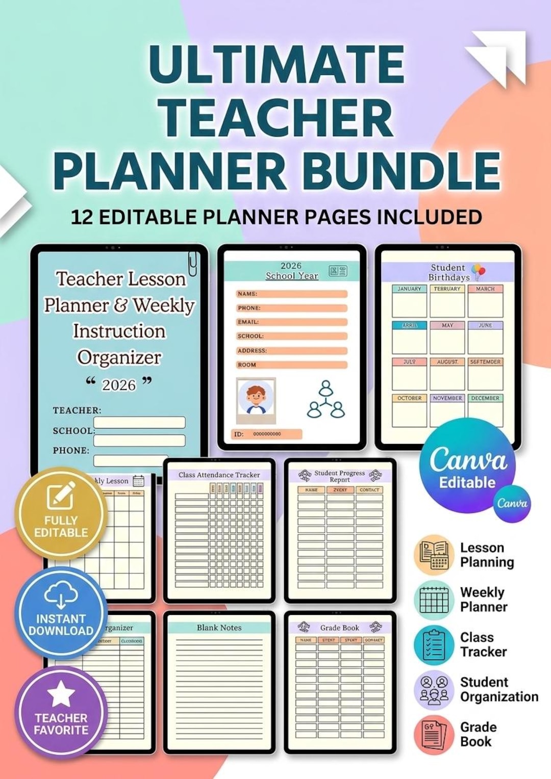 Editable Teacher Planner Printable | Teacher Planner Bundle | Lesson ...