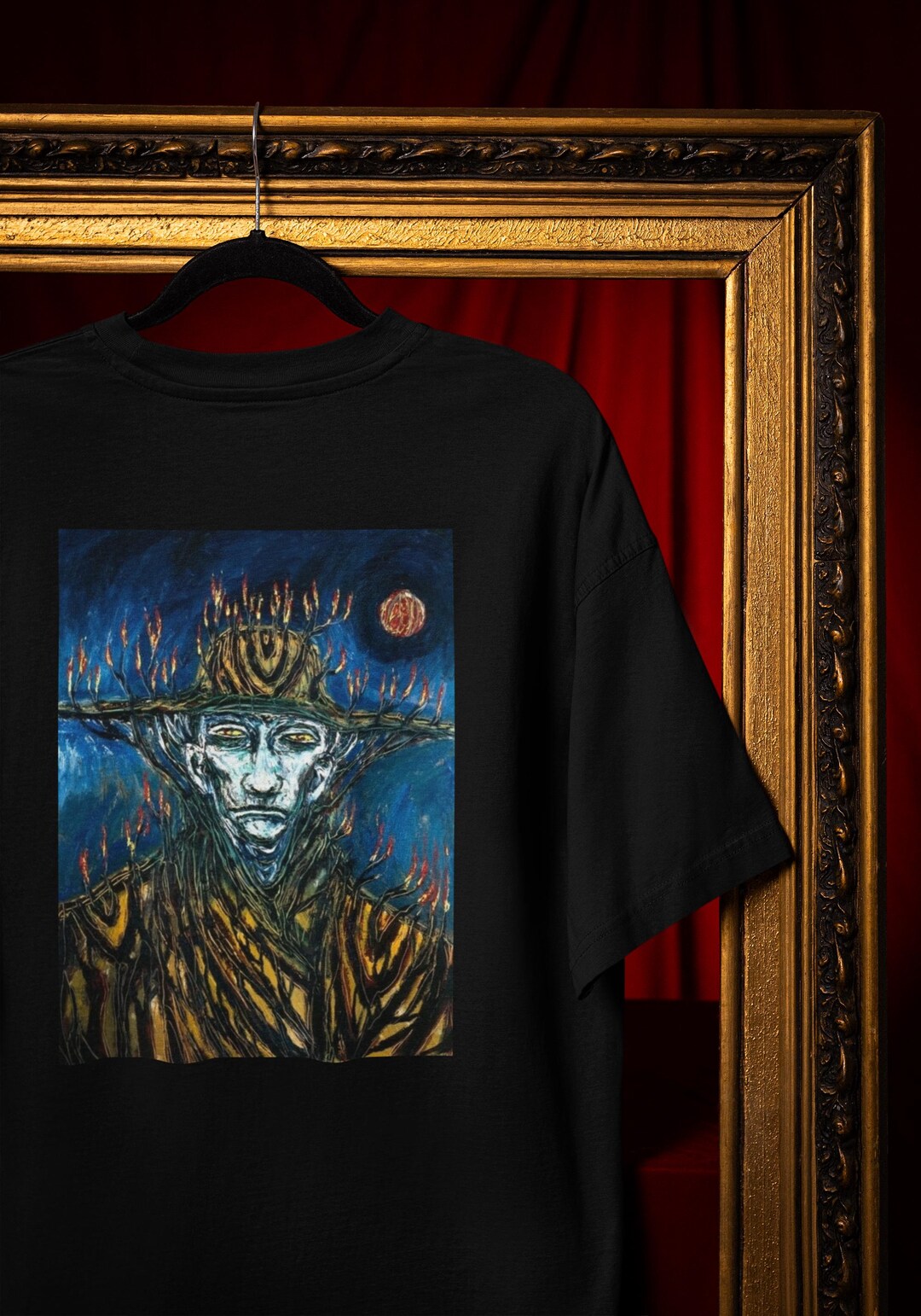 Fiery Scarecrow Demon Art Shirt With Blood Moon, Gothic Horror Surreal ...