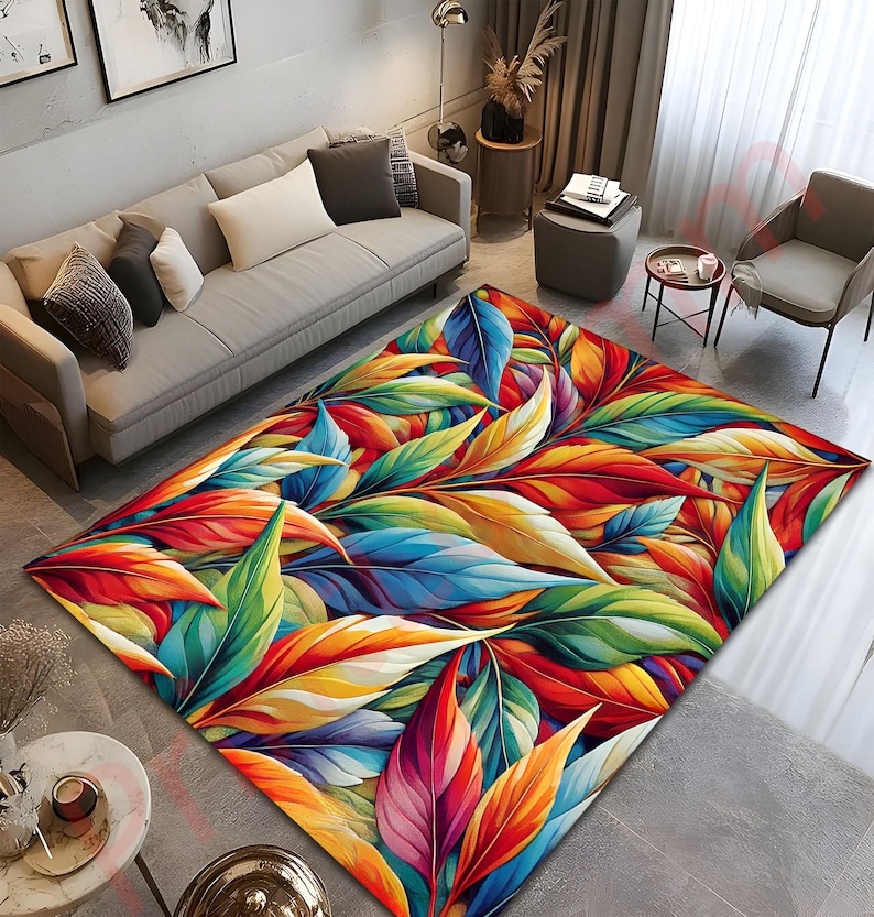 Colorful Leaf Pattern Rug, Vibrant Tropical Area Rug for Living Room ...