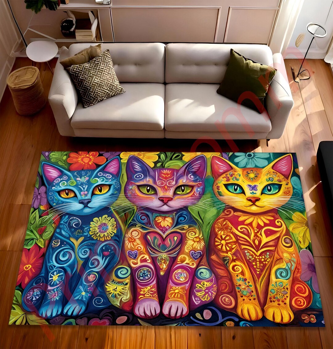 Colorful Cat Rug With Boho Floral Patterns, Vibrant Artistic Carpet for ...