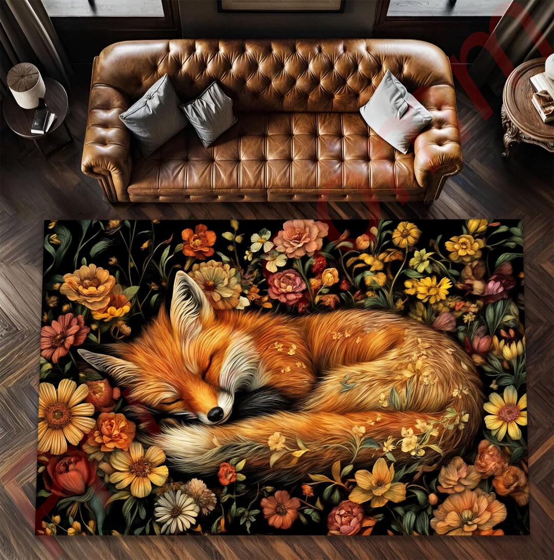 Sleeping Fox Rug With Floral Design, Cozy Woodland Animal Carpet ...