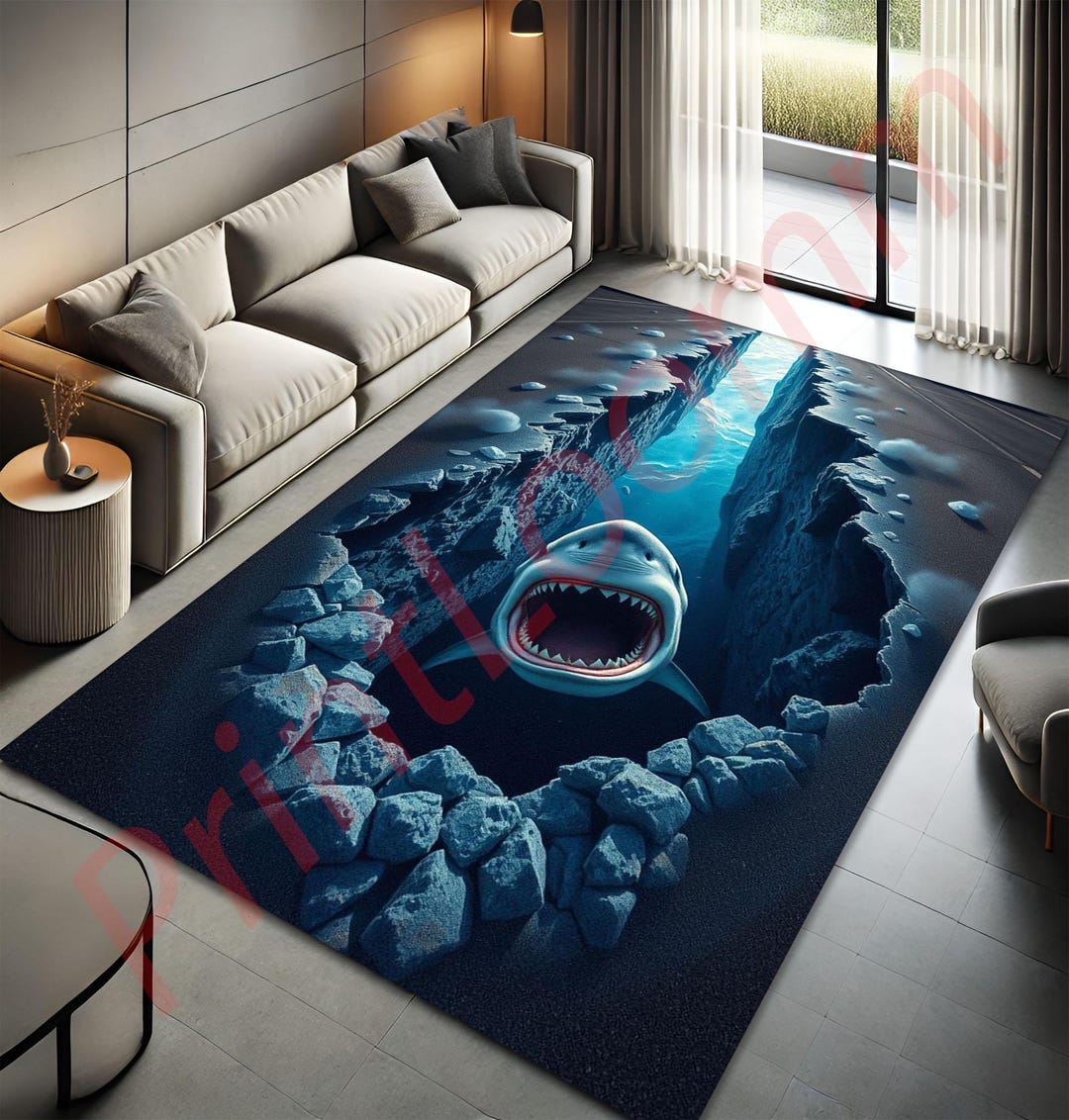 3D Shark Area Rug, Ocean Themed Floor Mat, Deep Sea Illusion Carpet ...