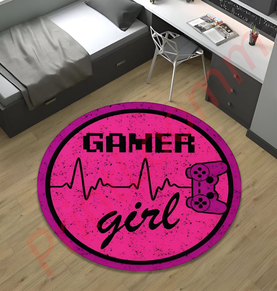 Pink Gamer Girl Rug, Round Gaming Carpet for Teens, Cute Video Game ...