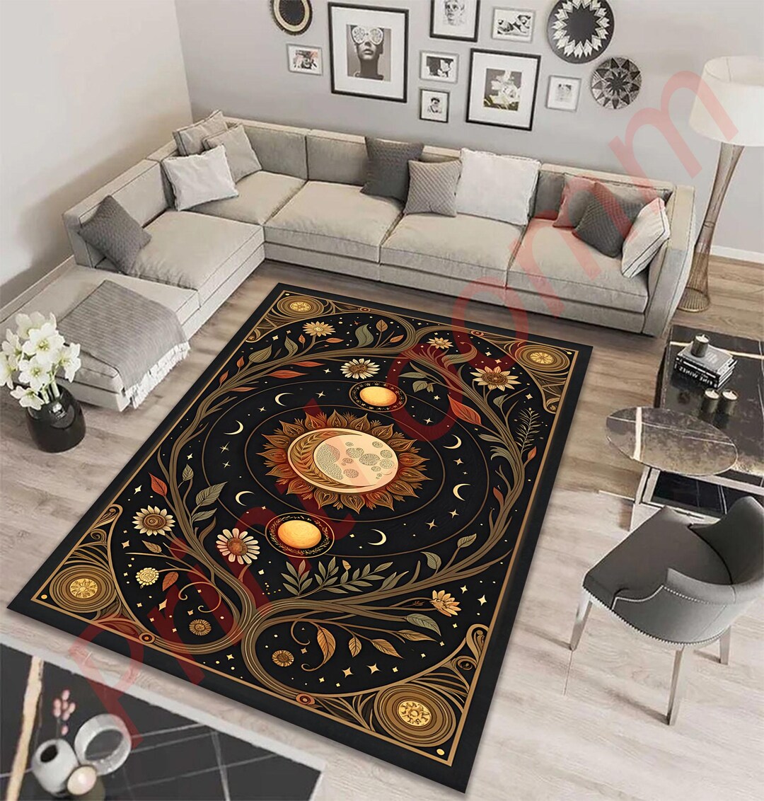 Boho Sun and Moon Area Rug, Celestial Floor Carpet, Mystic Black and ...