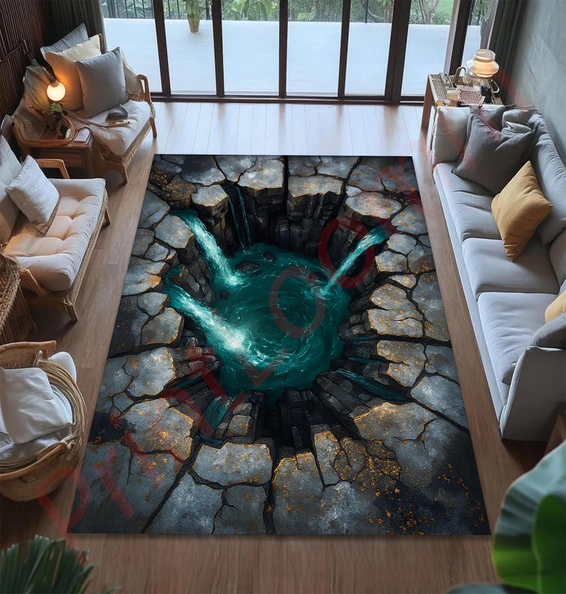 3D Waterfall Illusion Rug, Realistic Cracked Ground Carpet With Central ...