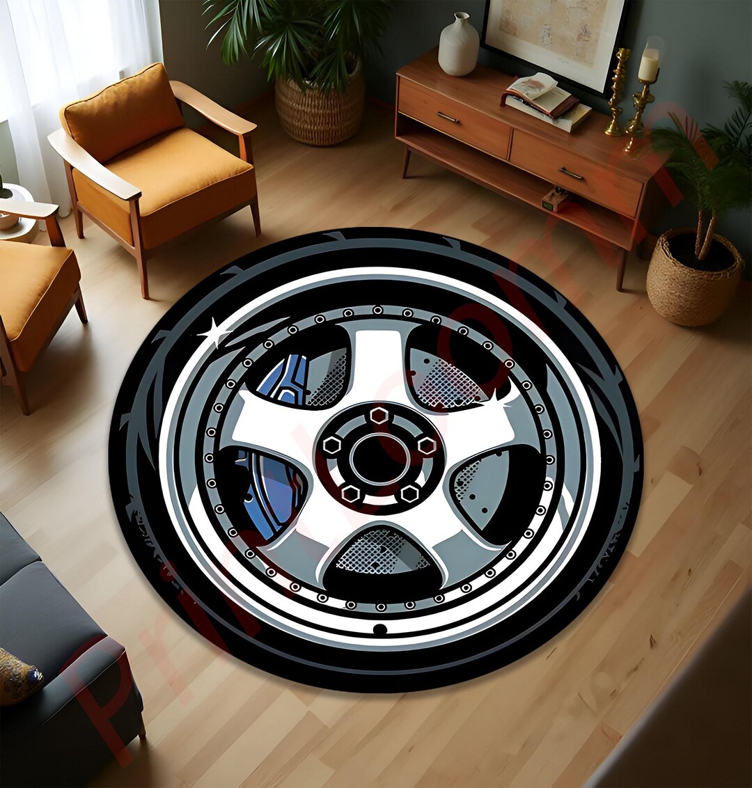 Racing Wheel Round Rug, Tire Rim Design Carpet for Car Lovers, Unique ...
