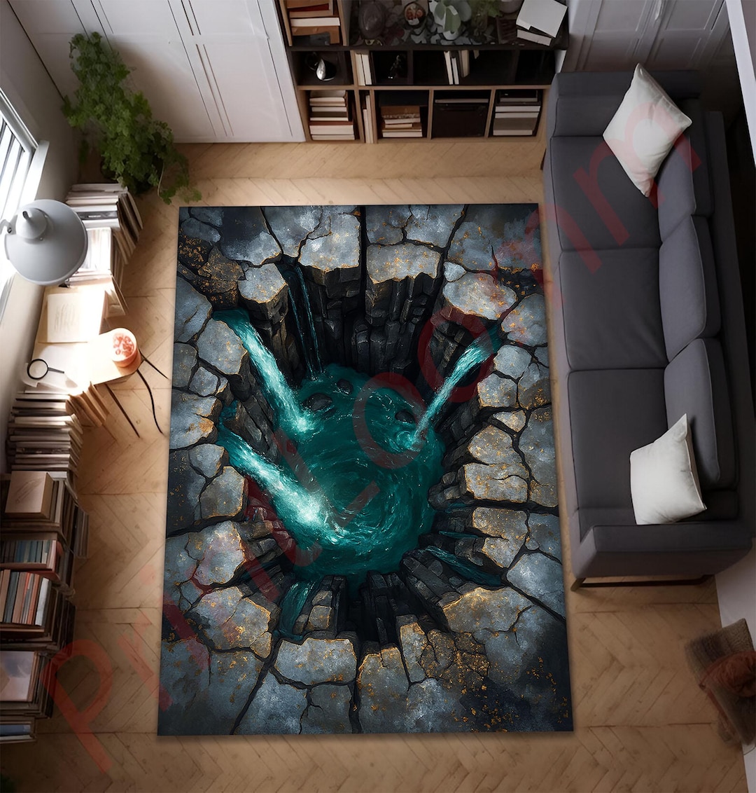 3D Waterfall Illusion Rug, Realistic Cracked Ground Carpet With Central ...