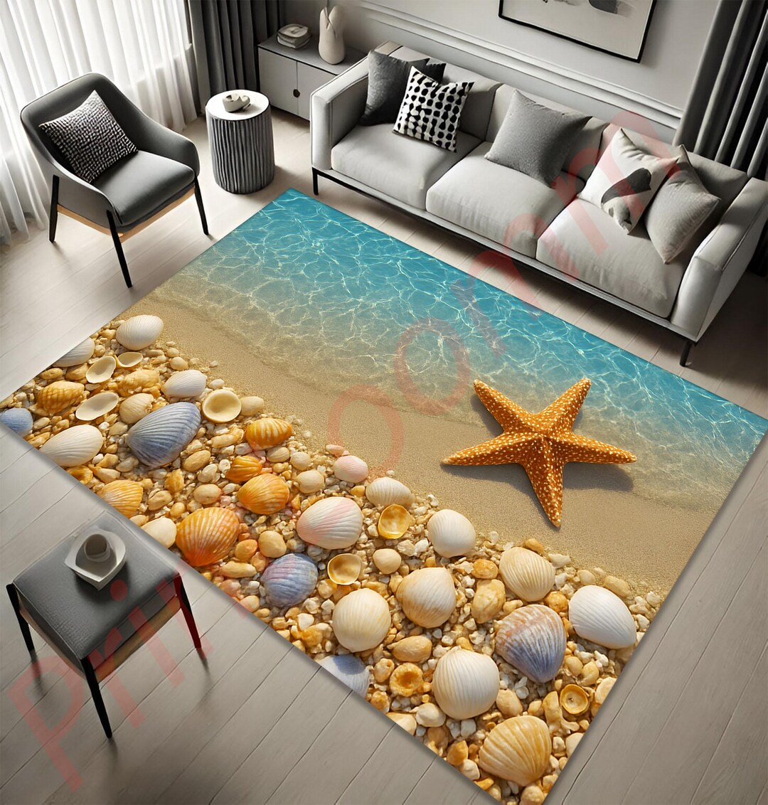 Beach Seashell Starfish Area Rug, Coastal Ocean Theme Carpet, Summer ...