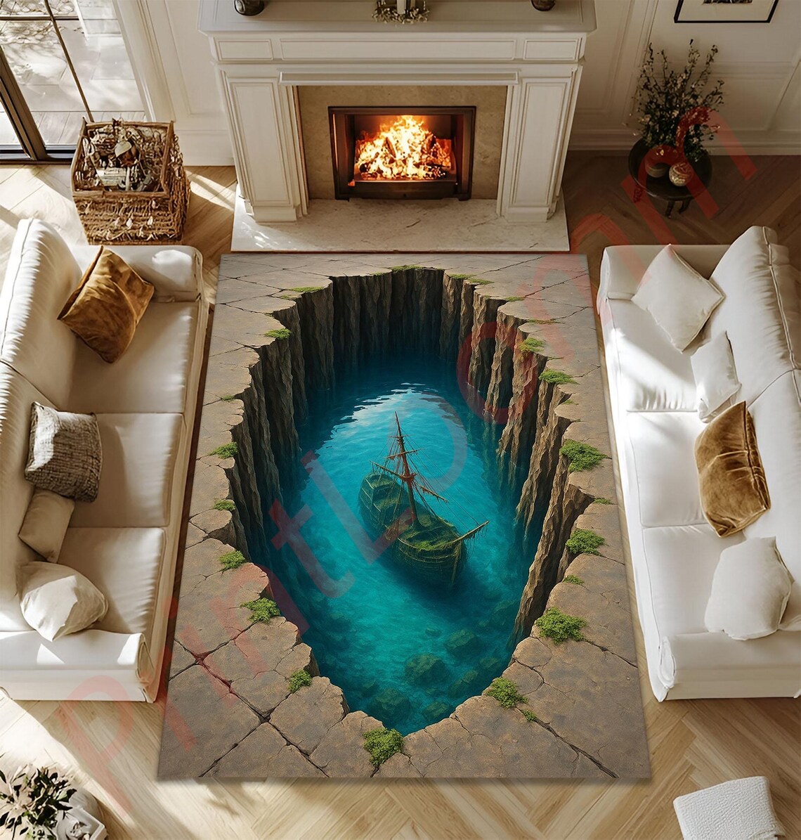 3D Shipwreck Rug for Living Room, Optical Illusion Ocean Carpet ...