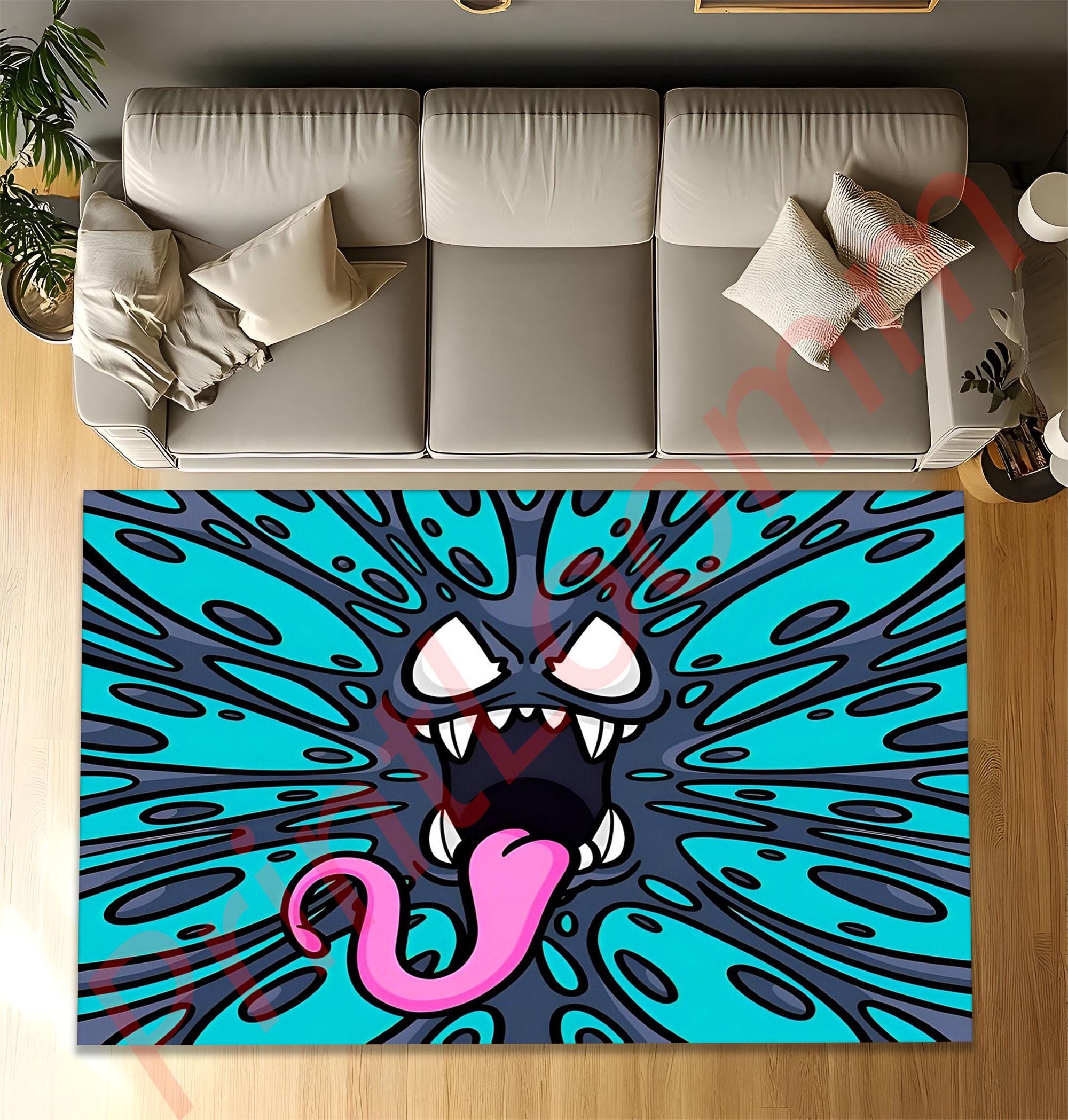 Cartoon Monster Rug With Funny Face Design, Colorful Tongue Out Carpet ...