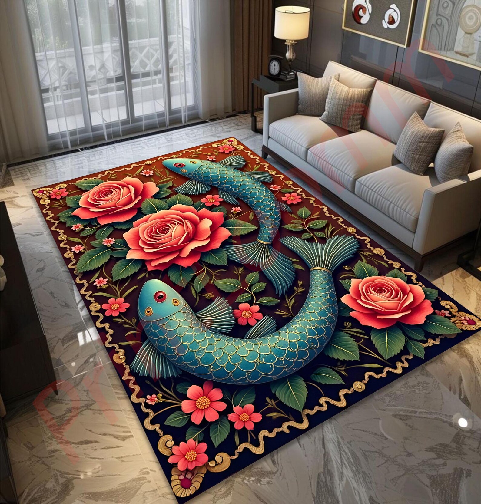 Koi Fish and Rose Rug, Oriental Floral Carpet, Japanese Art Area Rug ...