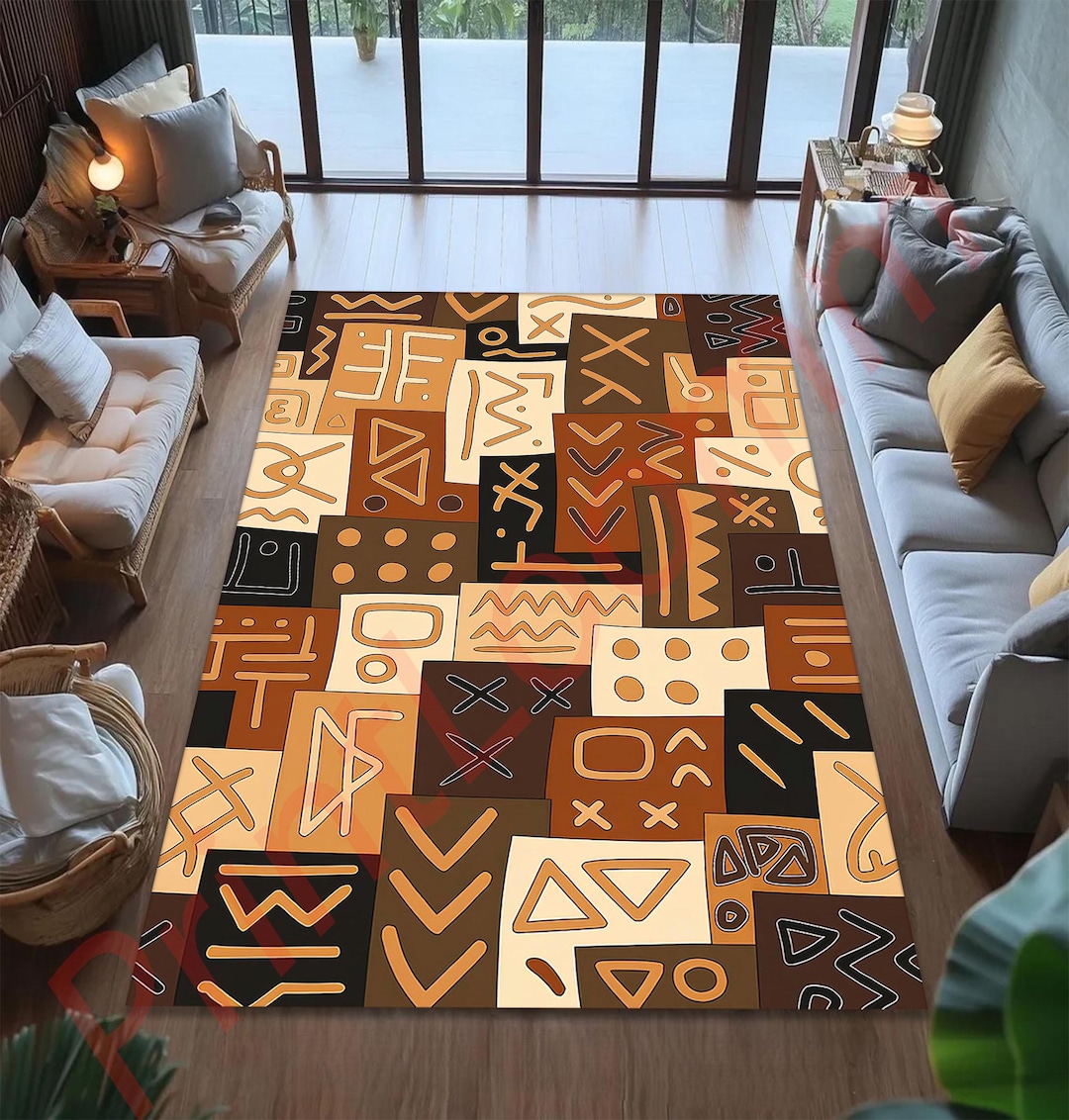 African Tribal Pattern Rug, Boho Geometric Carpet in Warm Earth Tones ...