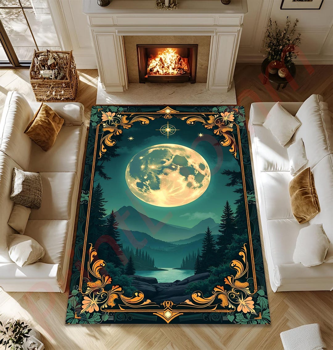 Moonlit Forest Rug, Fantasy Landscape Area Carpet, Scenic Night Sky ...