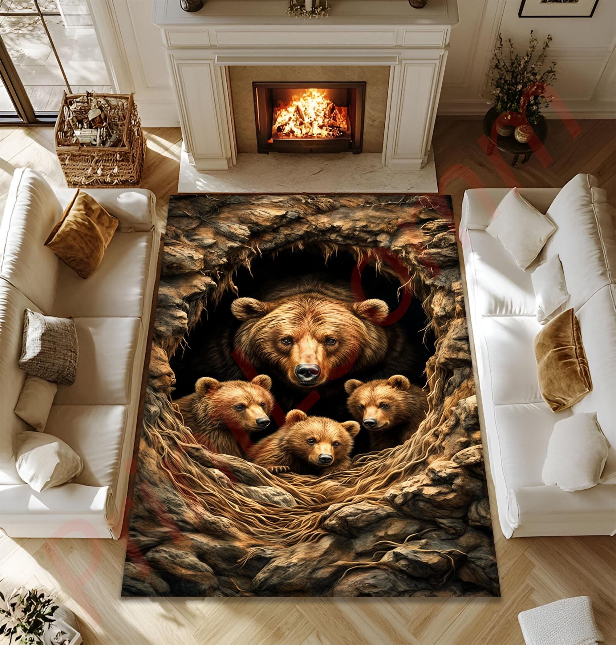 Bear Family Rug With Nature Cave Design, Cozy Woodland Animal Carpet ...