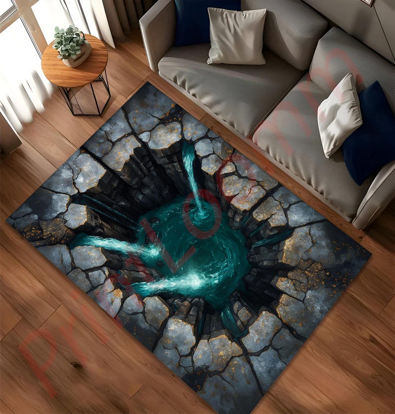 3D Waterfall Illusion Rug, Realistic Cracked Ground Carpet With Central ...