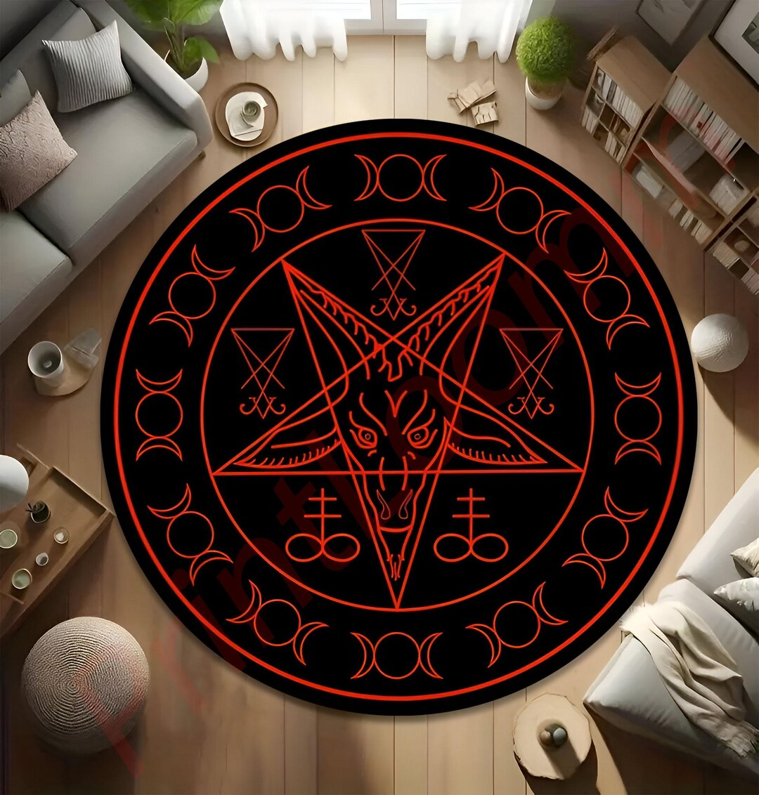 Dark Occult Pentagram Rug, Round Baphomet Goat Head Carpet With Satanic ...