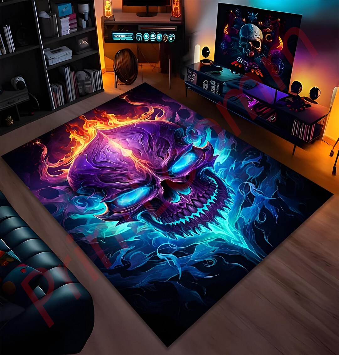 Flaming Skull Gaming Rug, Neon Fire Skull Carpet for Gamers, Blue and ...