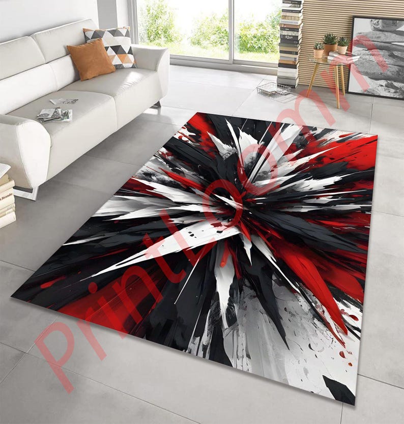 Modern Red Black White Rug, Abstract Art Area Rug for Living Room, Non ...