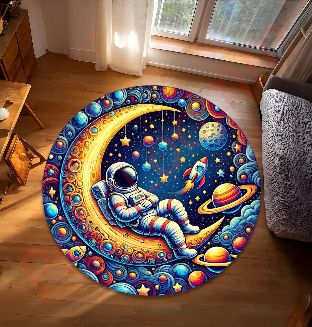 Astronaut Moon Galaxy Rug, Round Space Theme Carpet for Kids, Fun ...