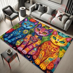 Colorful Cat Rug With Boho Floral Patterns, Vibrant Artistic Carpet for ...