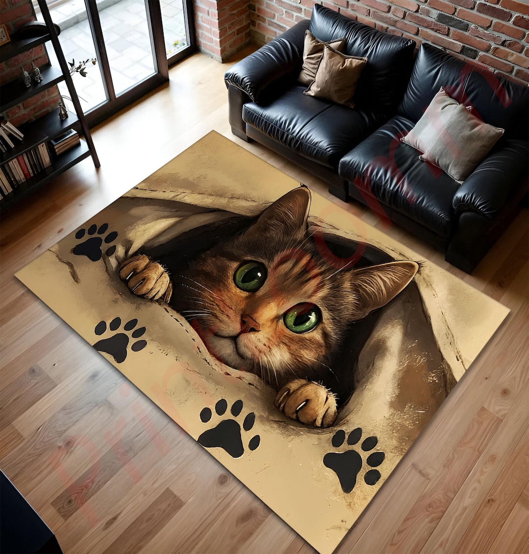 Cute Cat Face Rug With Green Eyes, Funny Kitty Carpet for Pet Lovers ...