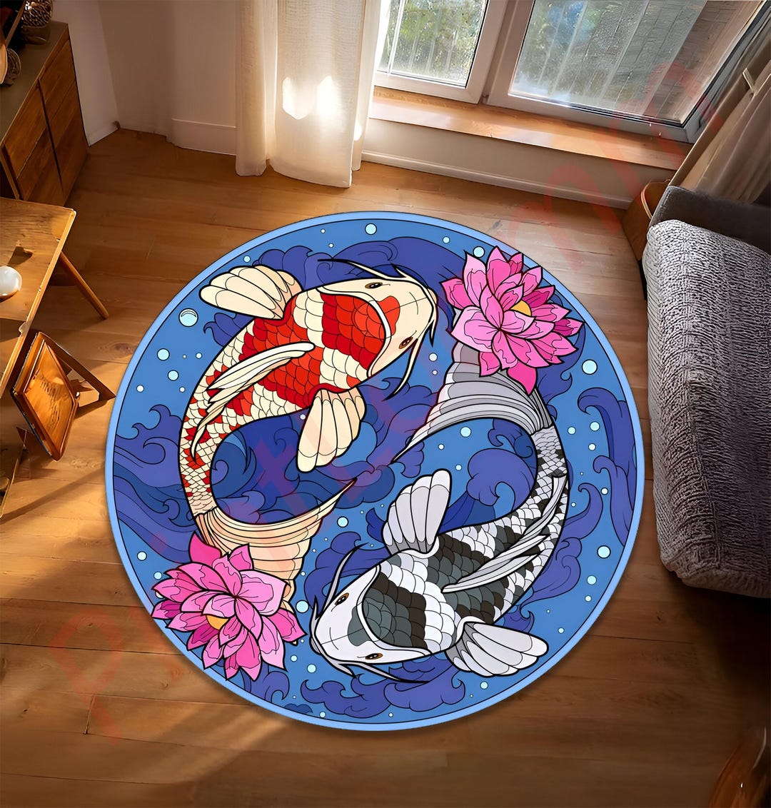 Round Koi Fish Rug With Lotus Design, Japanese Zen Style Carpet for ...