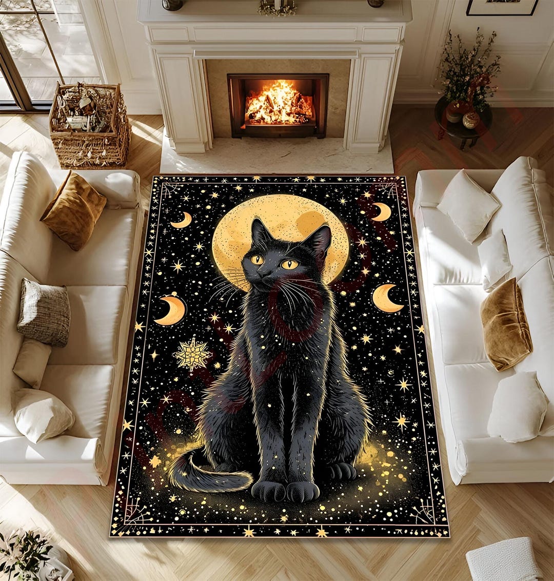 Black Cat Rug With Moon and Stars, Mystical Celestial Area Rug for ...
