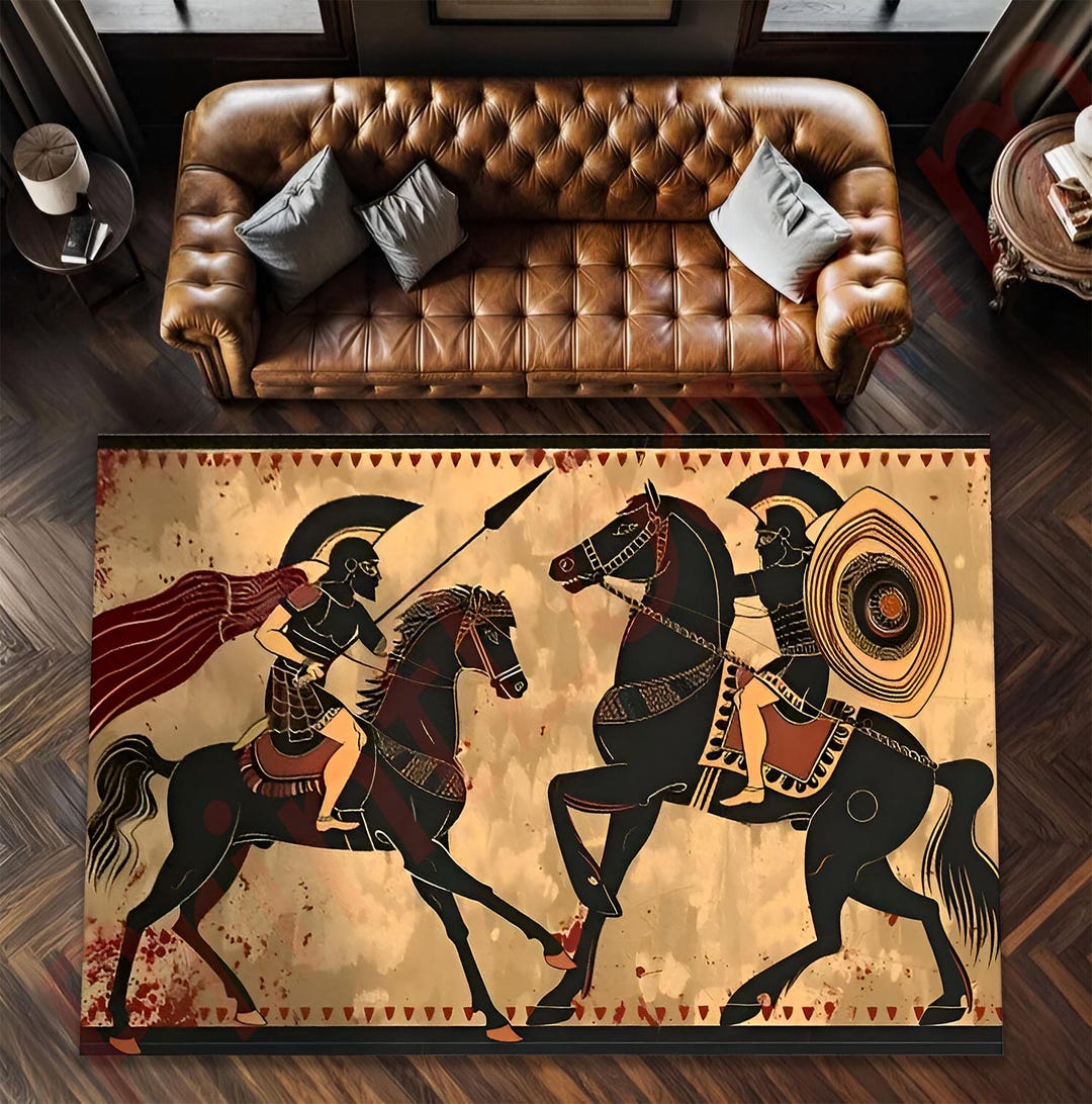 Ancient Greek Warrior Rug, Mythology Decor Carpet, Spartan Battle Scene ...