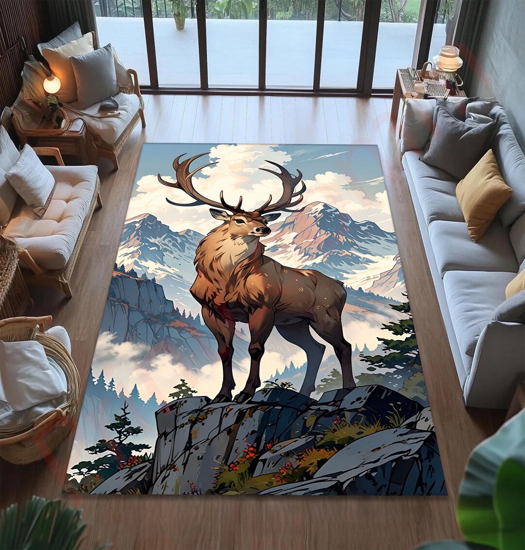 Mountain Elk Rug for Living Room, Rustic Wildlife Area Rug, Nature ...