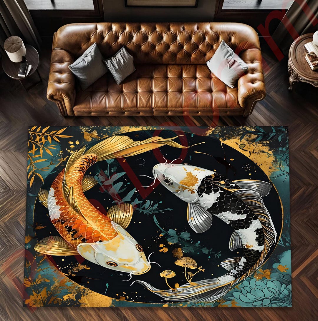 Japanese Koi Fish Rug Black and Gold Yin Yang Carp Carpet, Zen Oriental ...