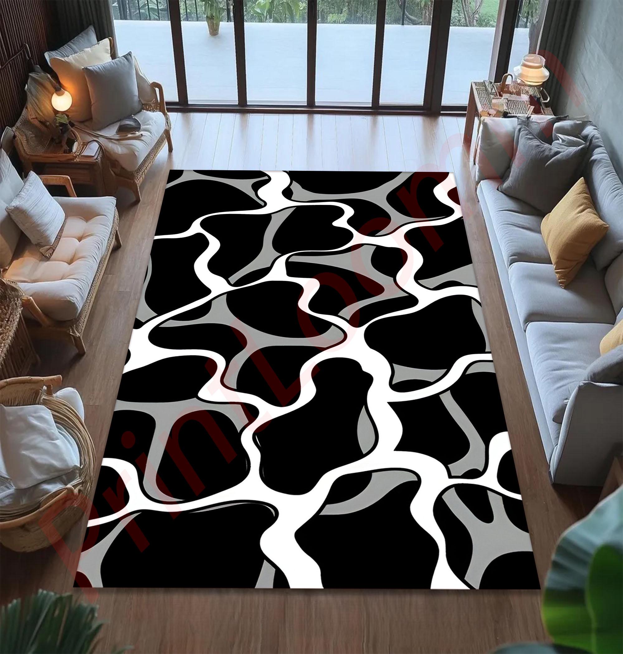 Modern Abstract Black White Rug, Wavy Pattern Monochrome Carpet for ...