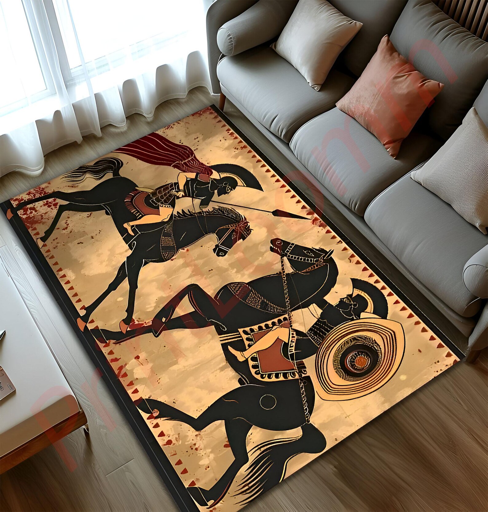 Ancient Greek Warrior Rug, Mythology Decor Carpet, Spartan Battle Scene ...