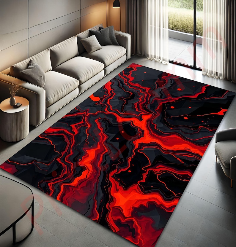 Red Lava Abstract Rug for Living Room, Modern Art Floor Carpet, Black ...