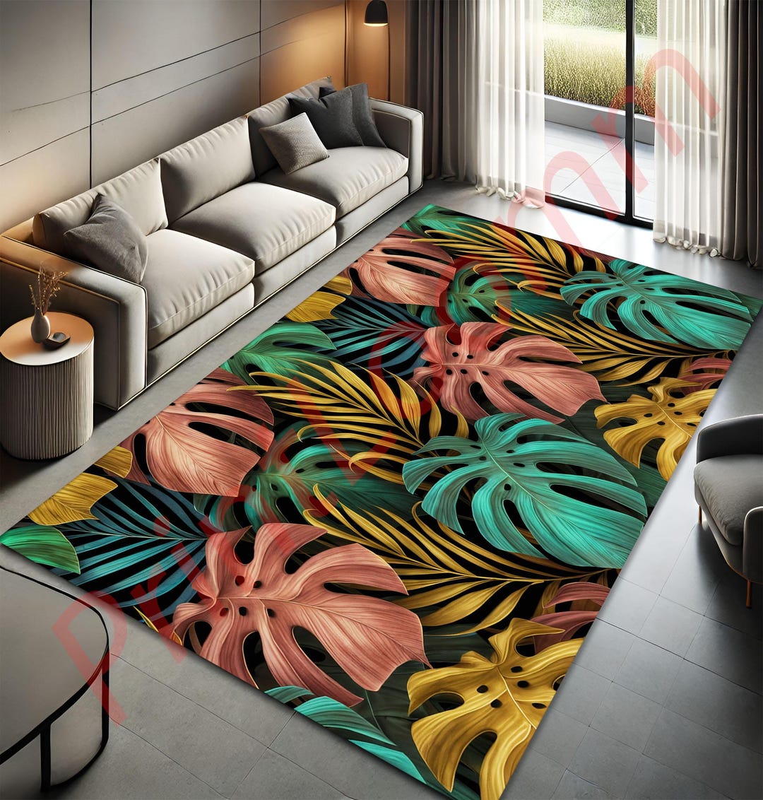 Tropical Leaf Area Rug, Colorful Monstera Carpet for Living Room or ...
