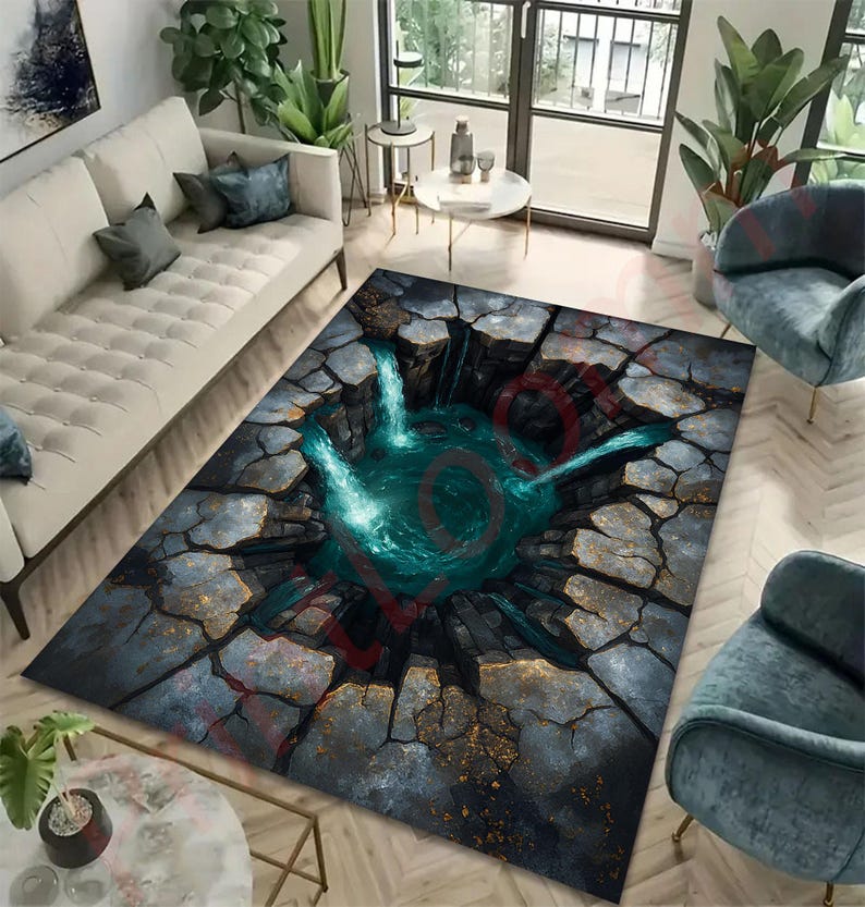 3D Waterfall Illusion Rug, Realistic Cracked Ground Carpet With Central ...