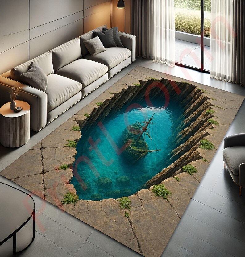 3D Shipwreck Rug for Living Room, Optical Illusion Ocean Carpet ...