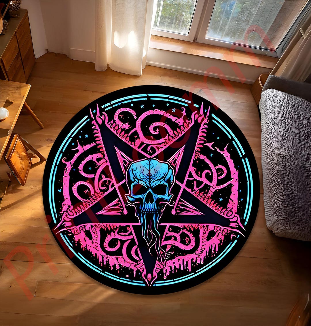 Gothic Pentagram Skull Rug, Neon Occult Round Carpet, Dark Alternative ...