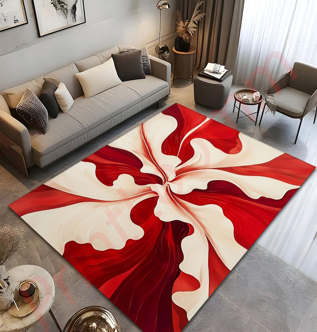 Red and White Abstract Area Rug, Modern Artistic Swirl Carpet for ...