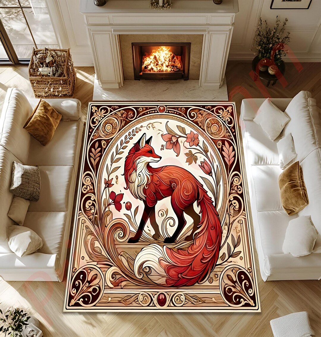 Whimsical Fox Area Rug With Floral Frame, Rustic Woodland Animal Carpet ...